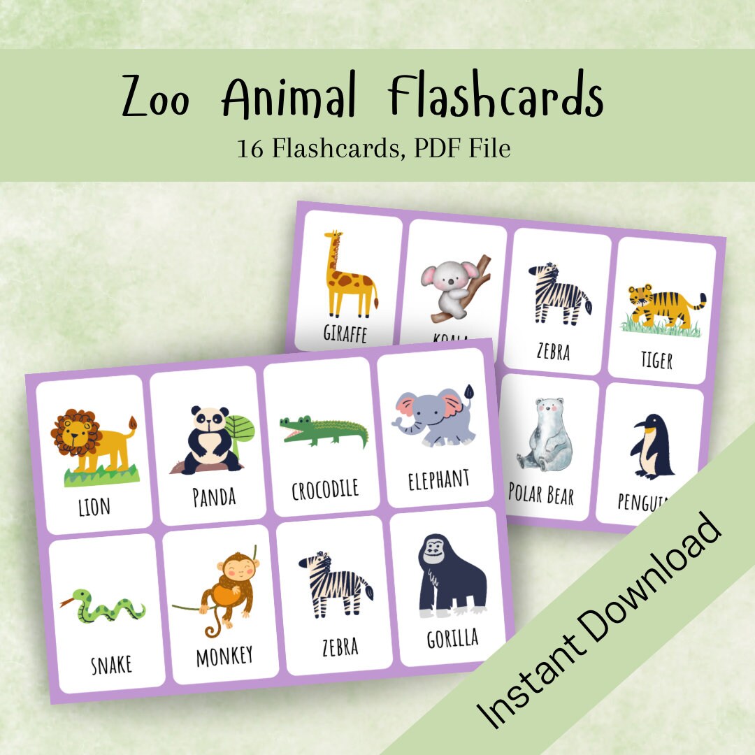 Colorful Illustrated Zoo Animals Digital Flash Cards for Kids Printable ...