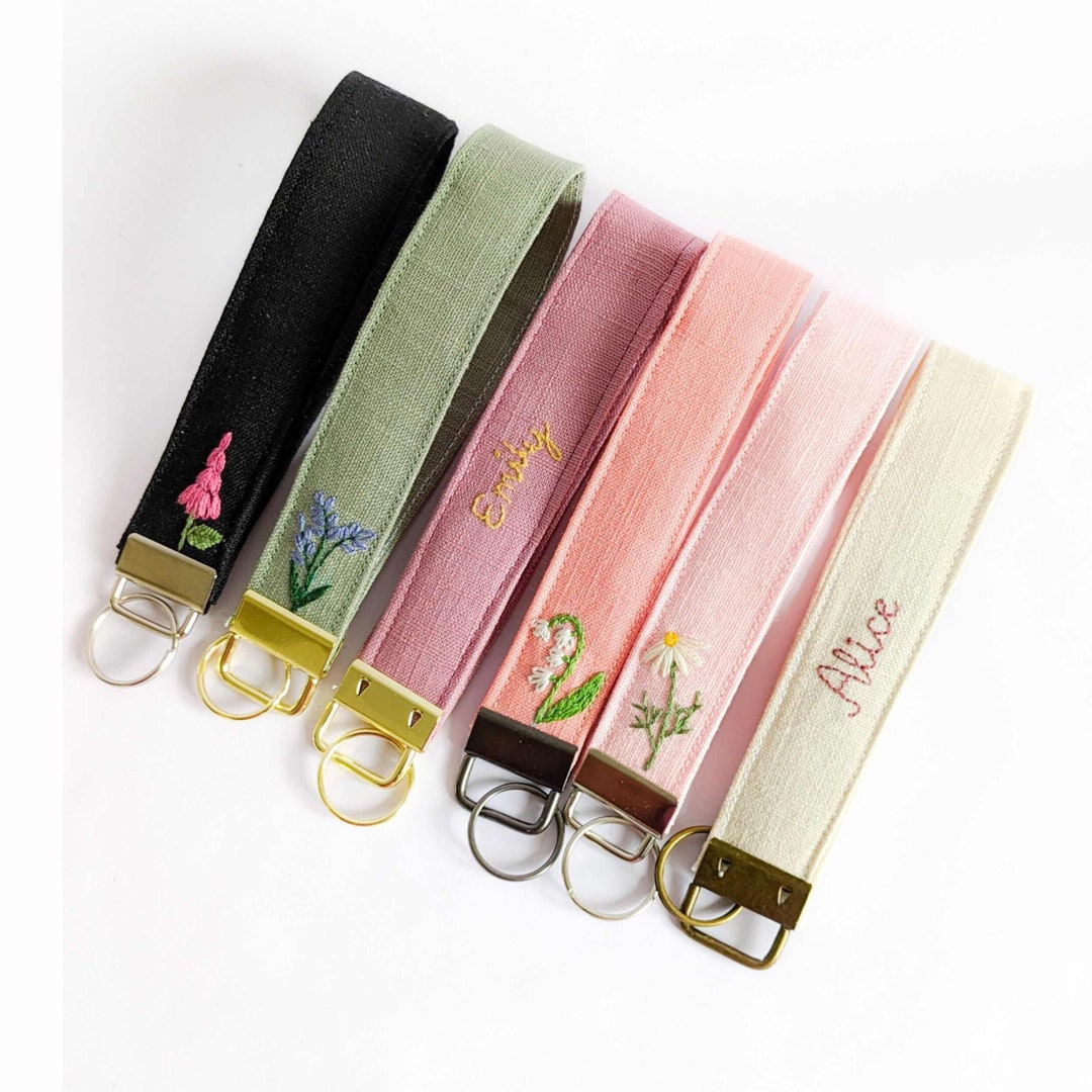 Personalized Keychain, Flower Embroidered Key Fob, Personalized ...