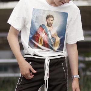 Lionel Messi Jesus Christ Theme Graphic Tee, Holy Messi Illustration T ...