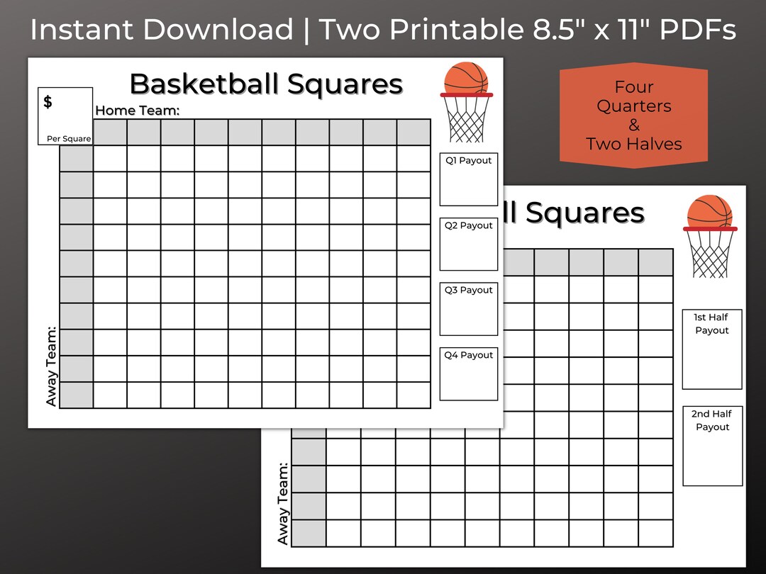 PRINTABLE Basketball Squares Two 8.5" X 11" Pdfs Payout Options With 4 ...