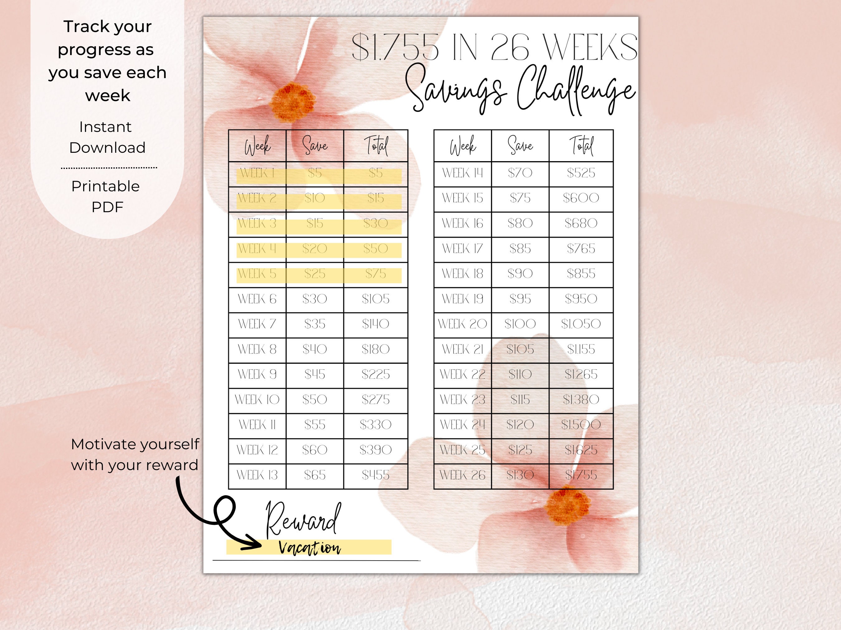 52 Week Savings Challenge Printable Watercolor Floral Bi-weekly Savings ...