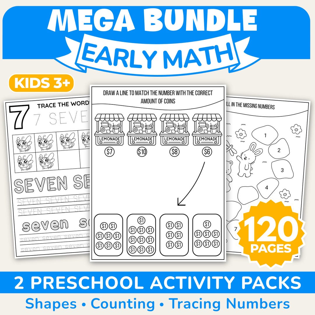 Preschool Math Bundle: Numbers, Counting, Shapes - 120 Page Printable ...
