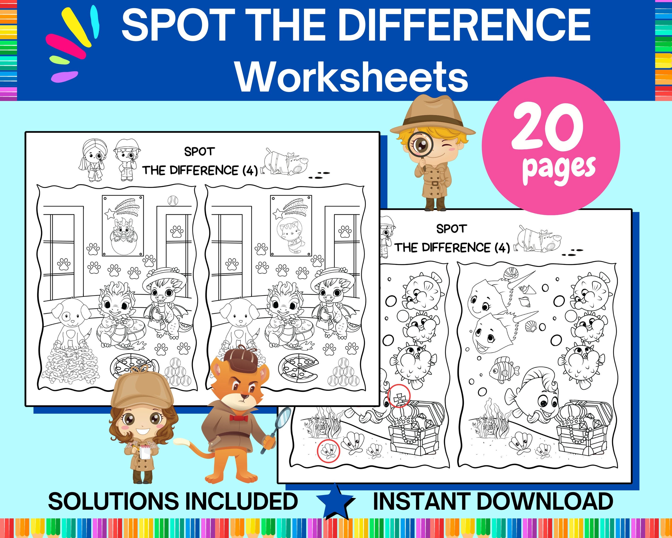 Spot the Difference Digital Worksheets for Kids, Fun Activity for ...