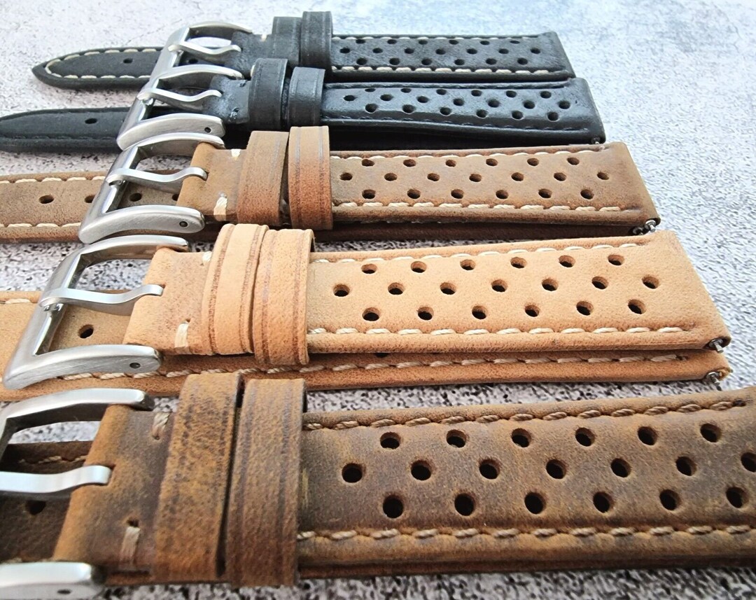 Perforated Crazy Horse Leather Watch Strap 18mm 20mm 22mm Light Brown Q ...