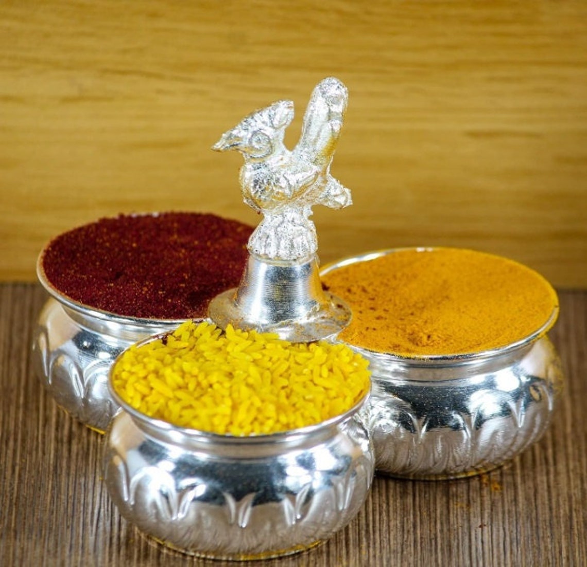 Pure Silver Finish Haldi Kumkum 3 Cup Panchwala - Etsy