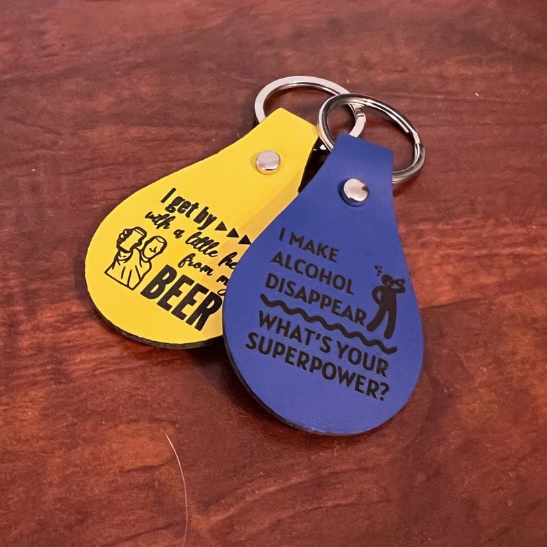 Laser Engraved Leather Keychains: Custom Alcohol & Beer Saying ...