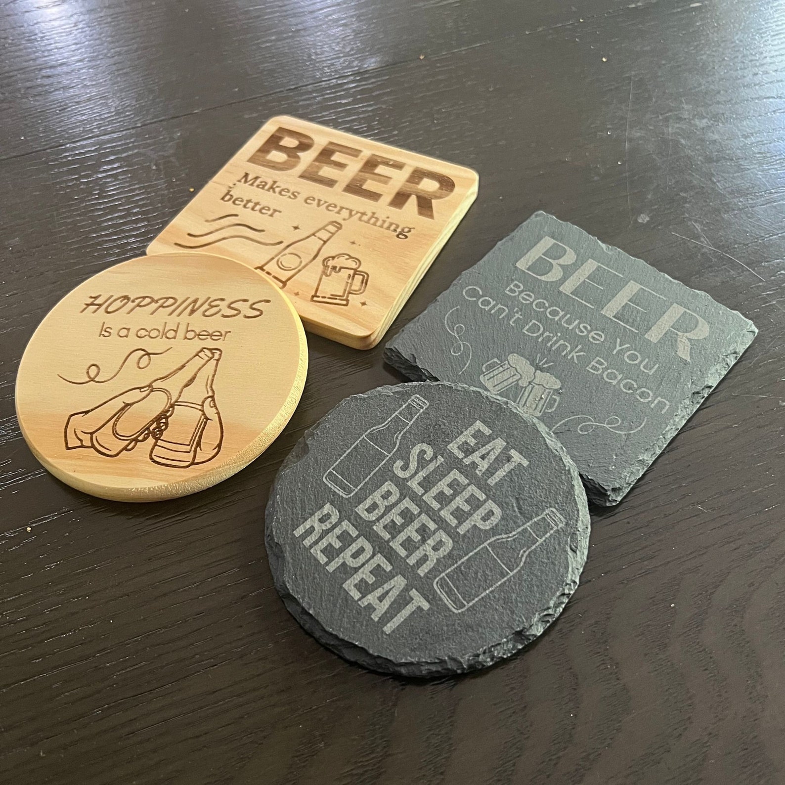 Beer Saying Coasters: Laser Engraved Wood & Slate Drink Accessories - Etsy