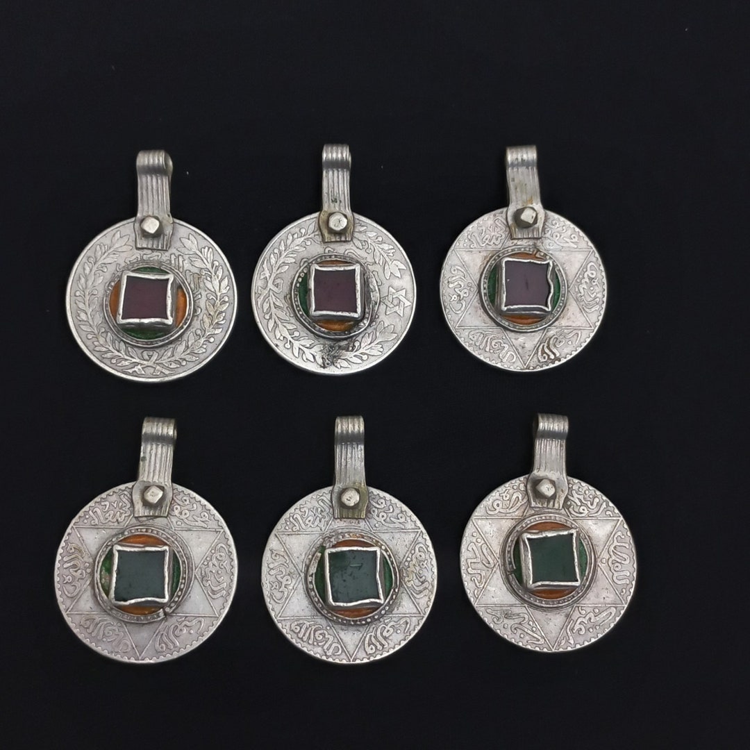 6 Ancient Berber Silver Coin Pendants With Enamel From Southern Morocco ...
