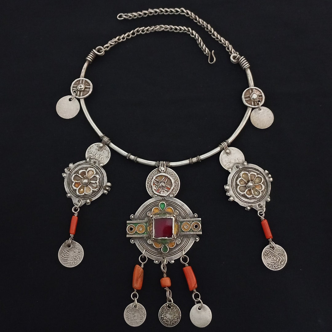 Ancient Silver Berber Necklace With Coral and Enamel From Southern ...
