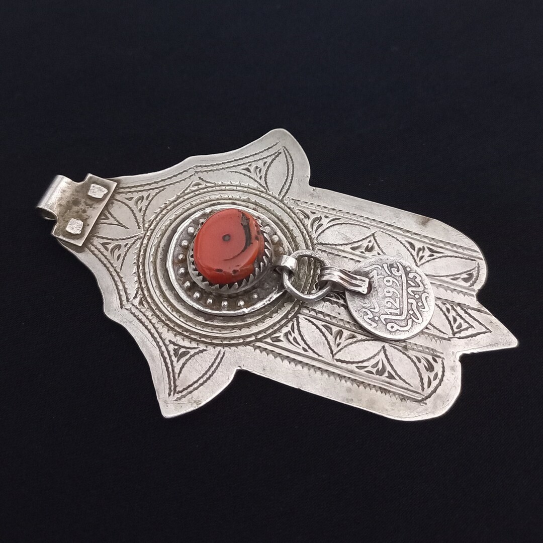 Antique Silver Berber Pendant khamsa With Natural Coral From Southern ...