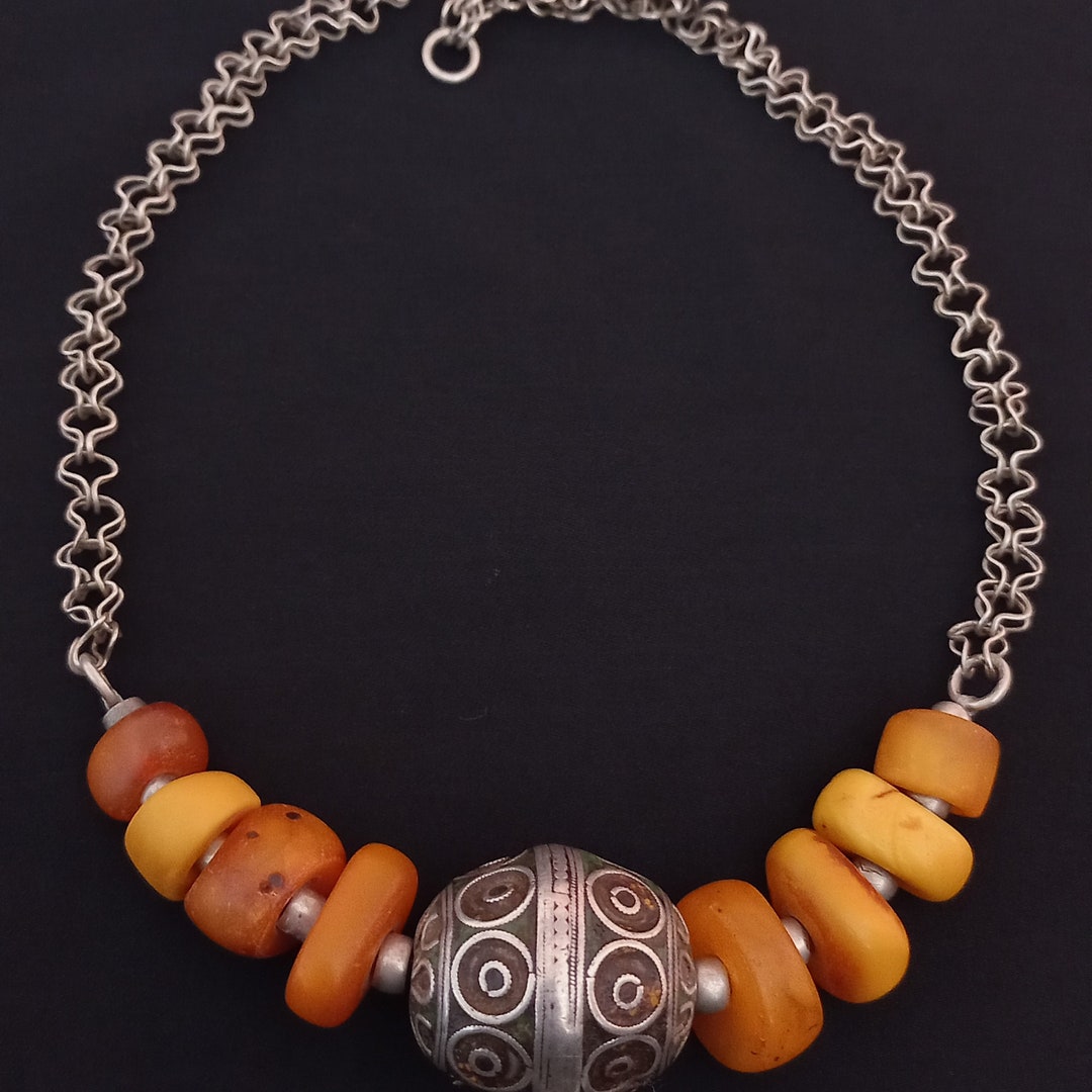 Rare Antique Silver Berber Necklace With Real Natural Amber From ...