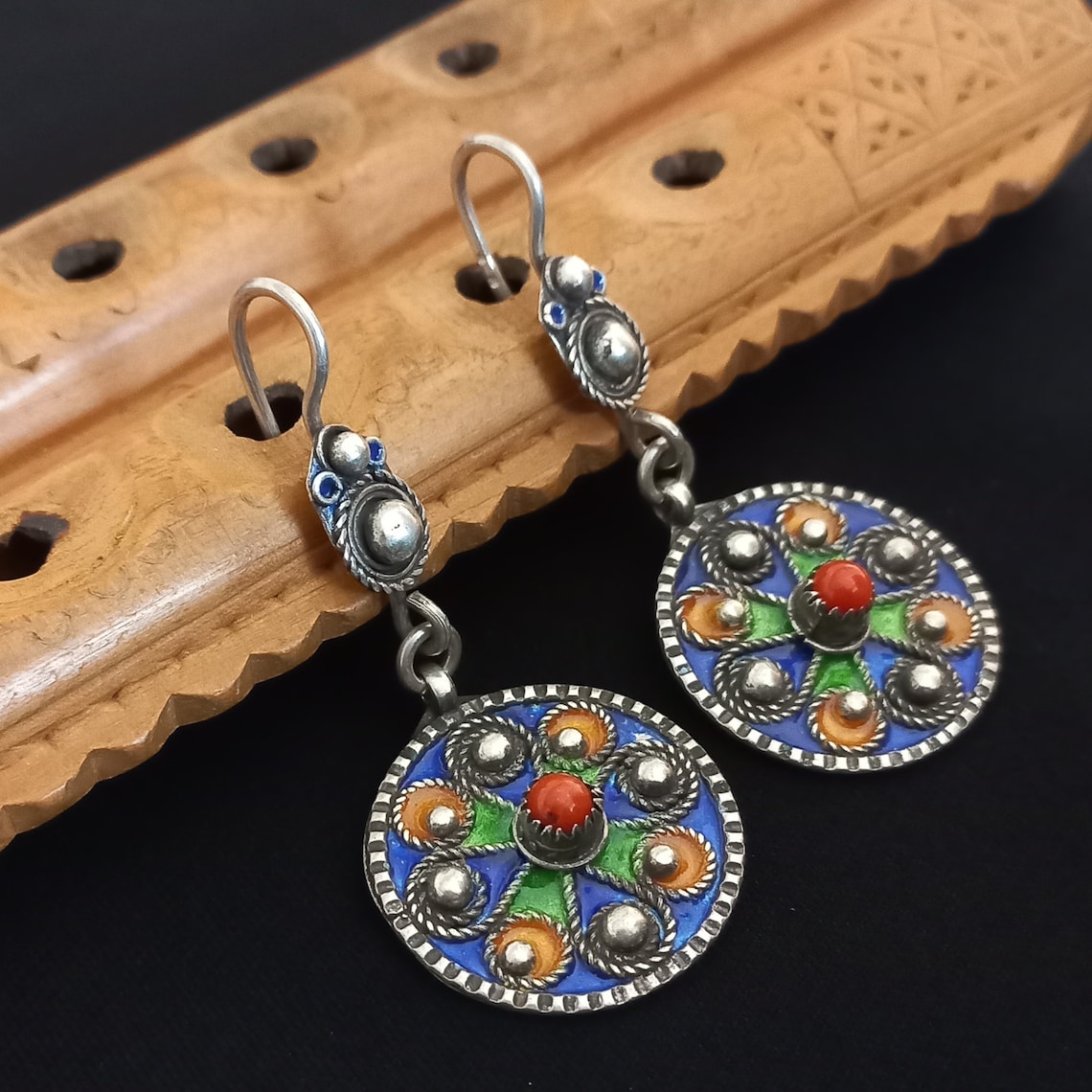 Beautiful Silver Berber Earring With Enamel From Southern Morocco ...