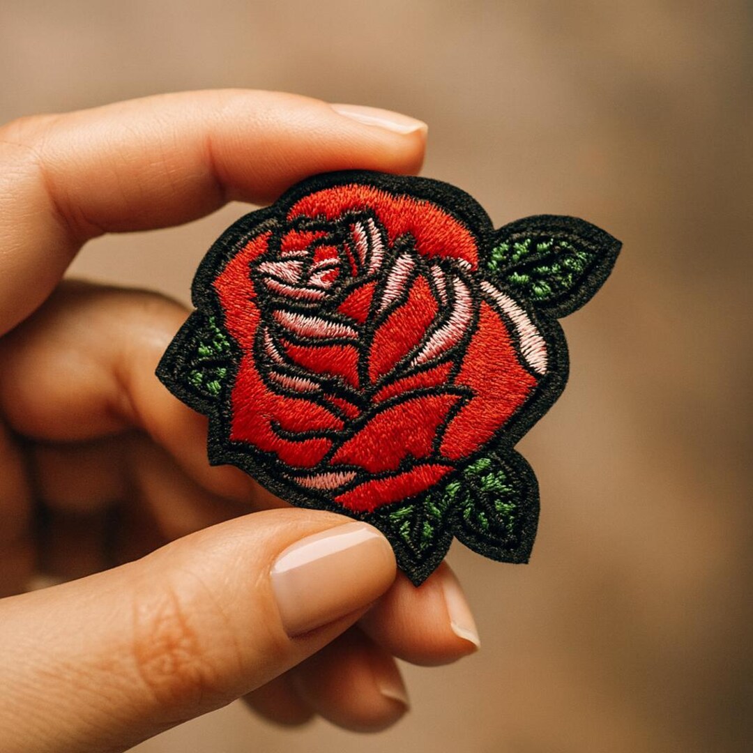 Embroidered Red Rose Patch - Vintage Floral Iron-on Patch - Old School ...
