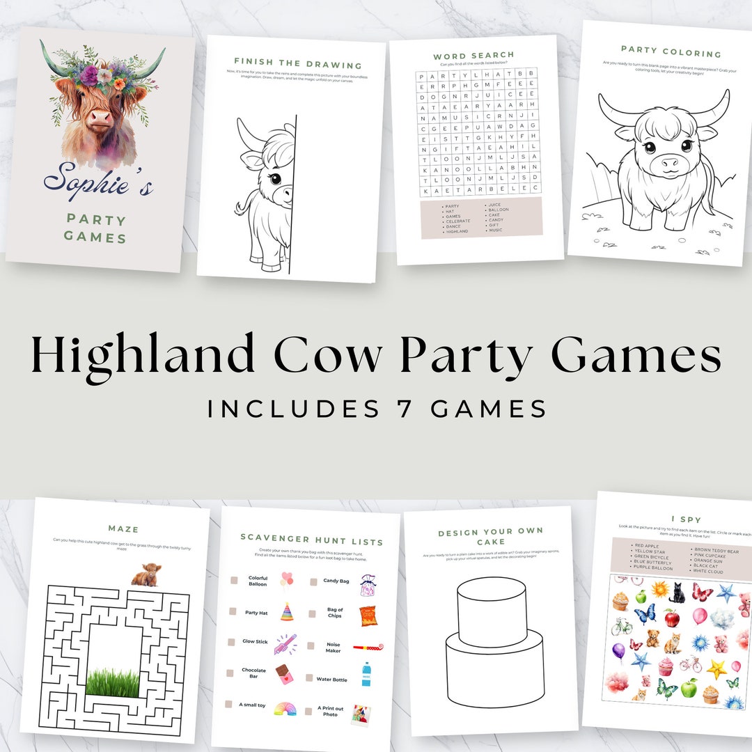 Highland Cow Birthday Party Games | Highland Cow Word Search | Party ...