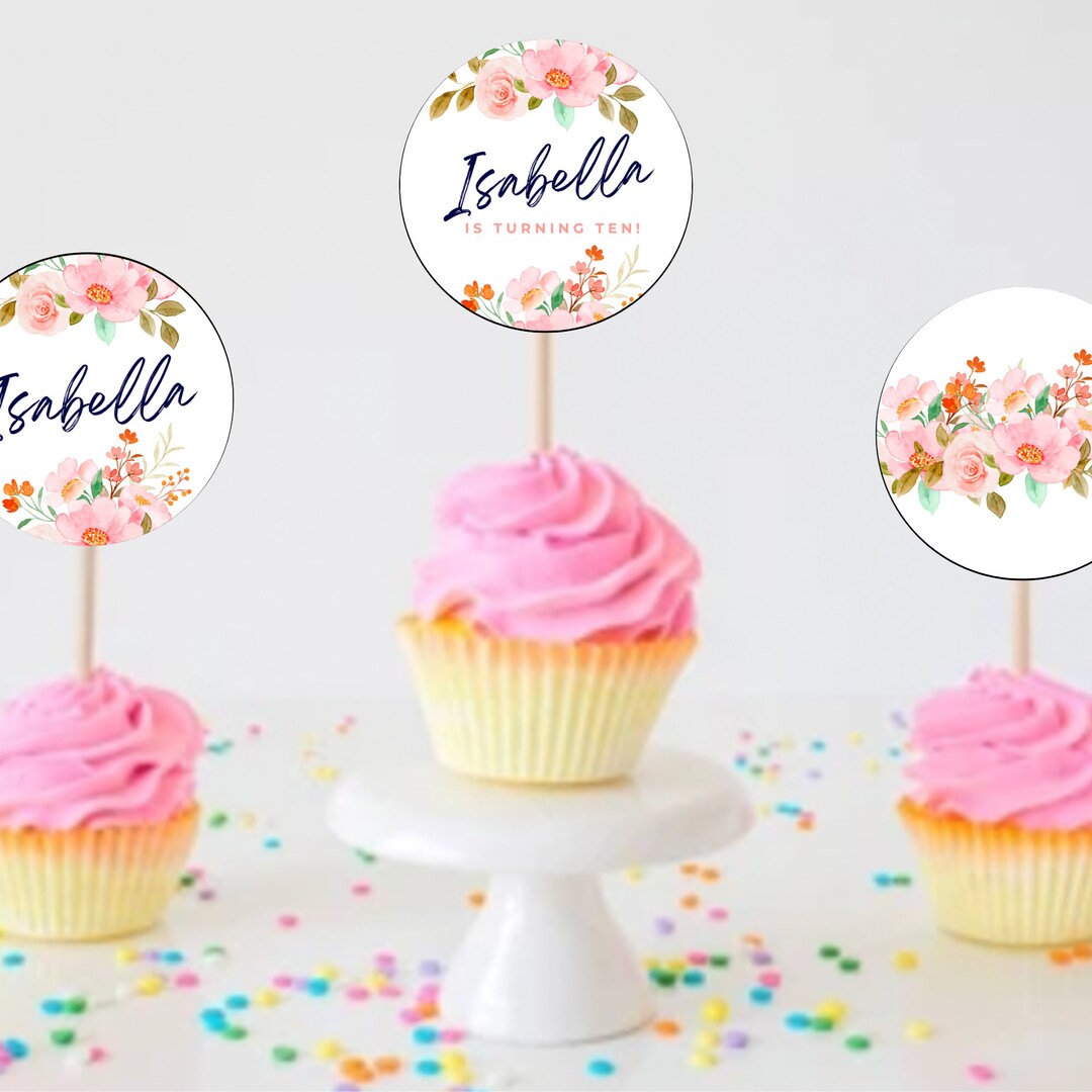 Pink Flower Cupcake Toppers -INSTANT DOWNLOAD - Pink Flowers, Cupcake ...