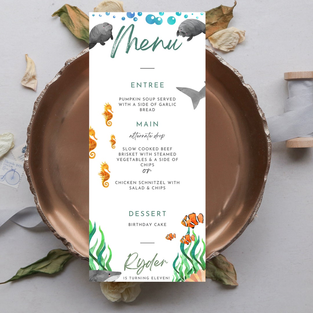 Ocean Menu - Instant Download, Editable, Printable, Birthday Party Menu ...