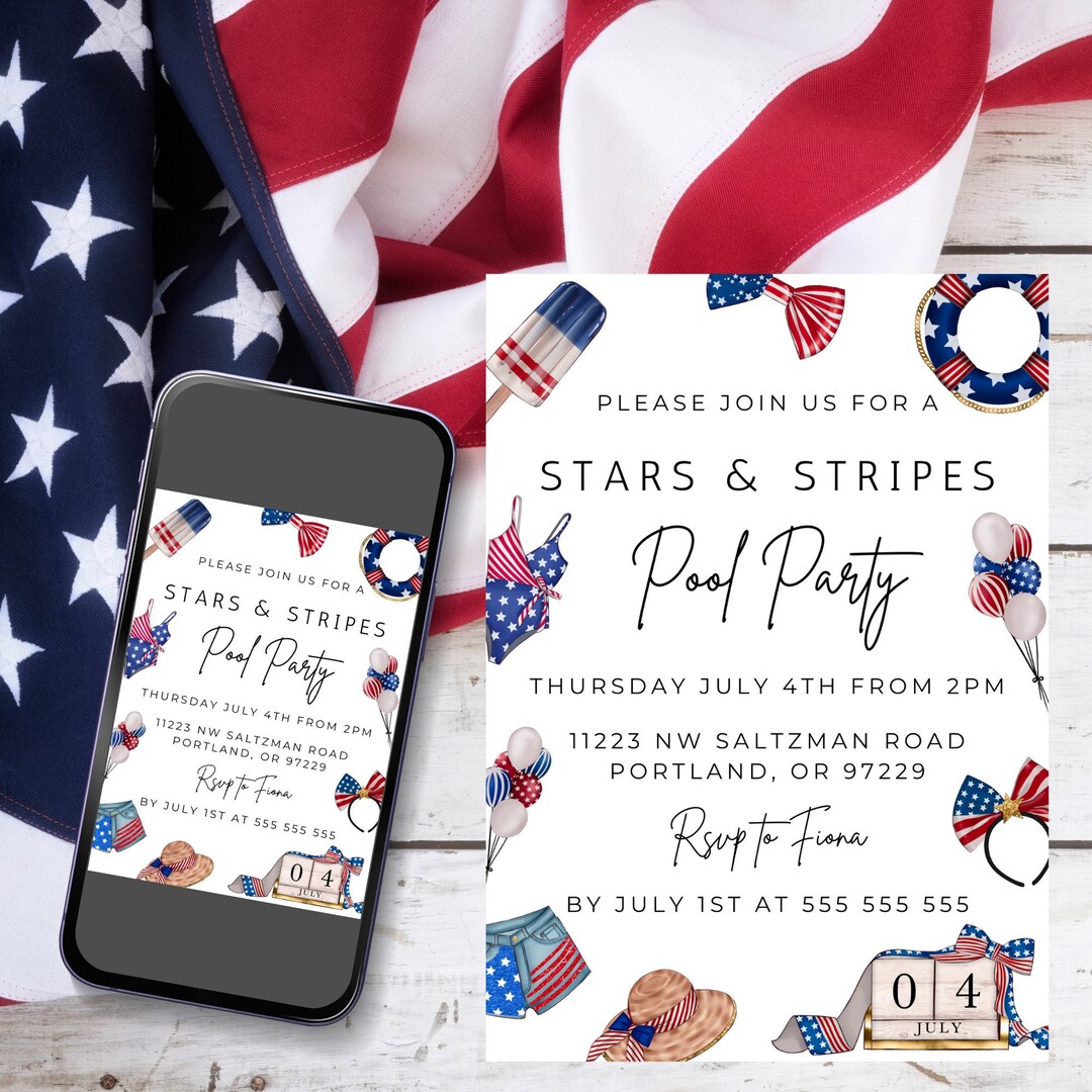 4th of July Pool Party Invitation - Independence Day Pool Party ...