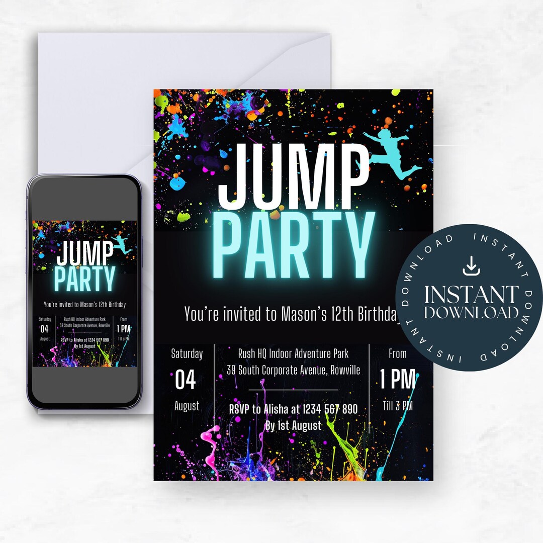 Jump Birthday Invitation | Trampoline Party Invite | Editable Printable ...