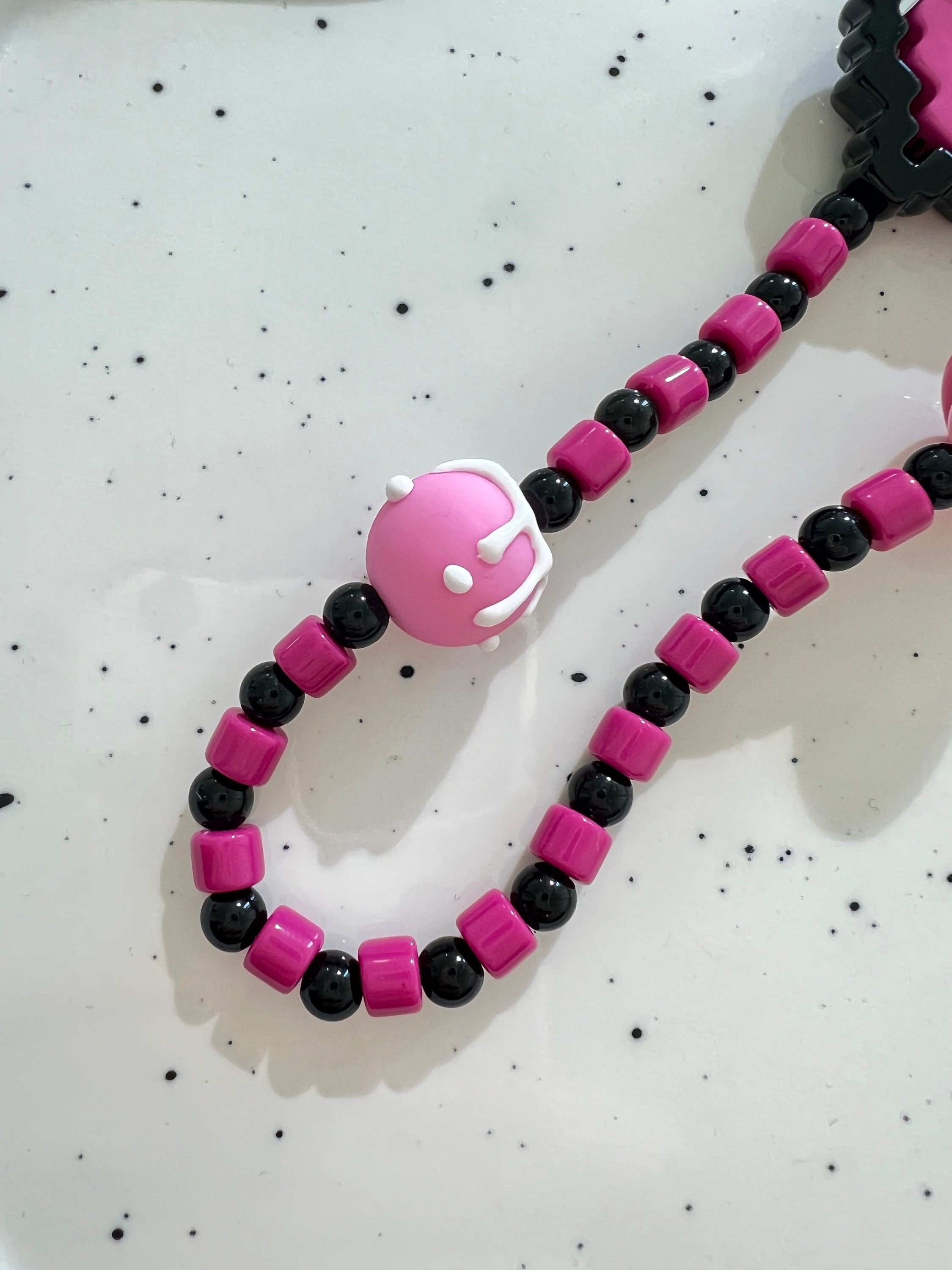 Barbie Style Phone Charm Strap Black and Pink Bead Phone Charm Hearted ...
