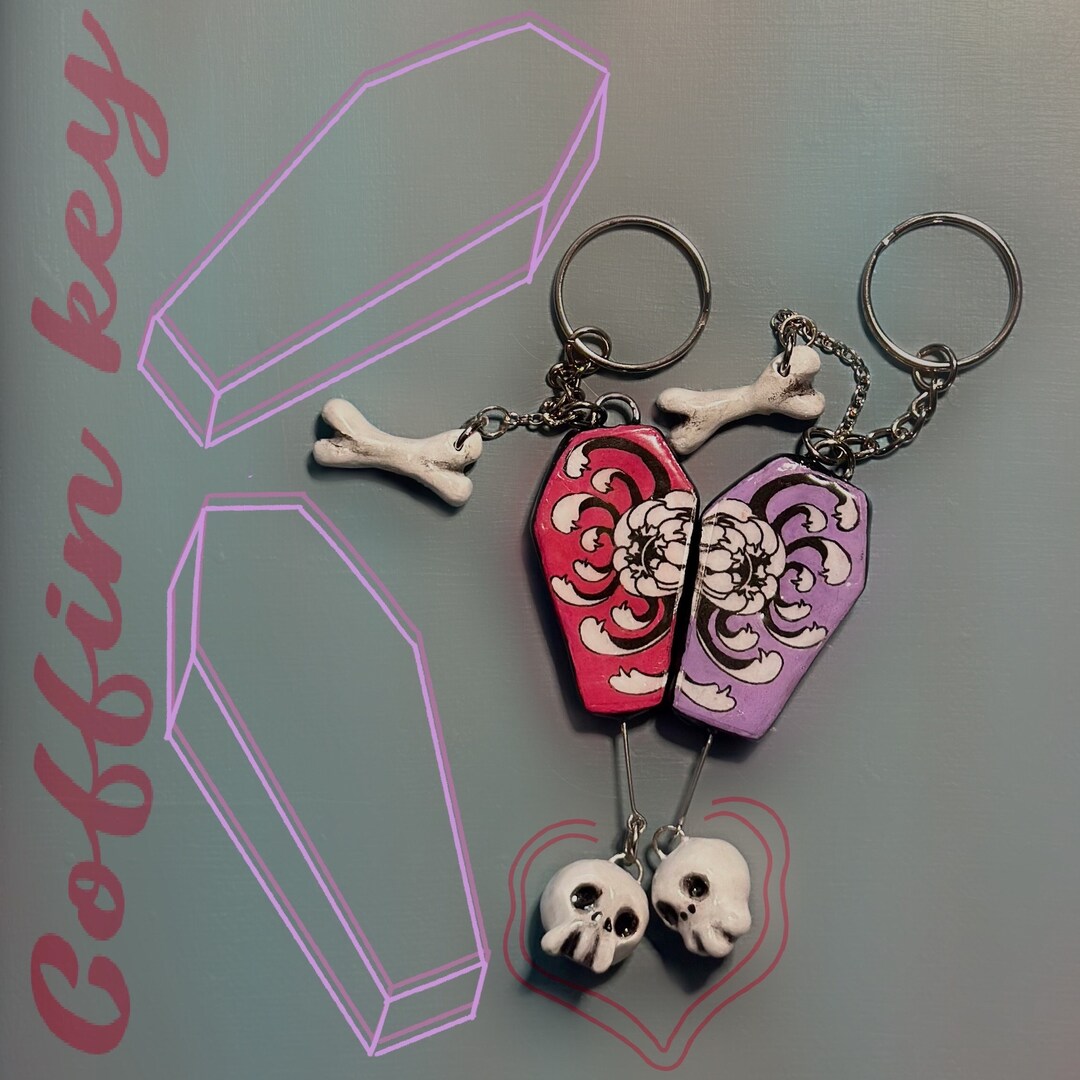 Handmade Coffin Skull n Bones Keychain Ceramic Acrylic Macbre ...
