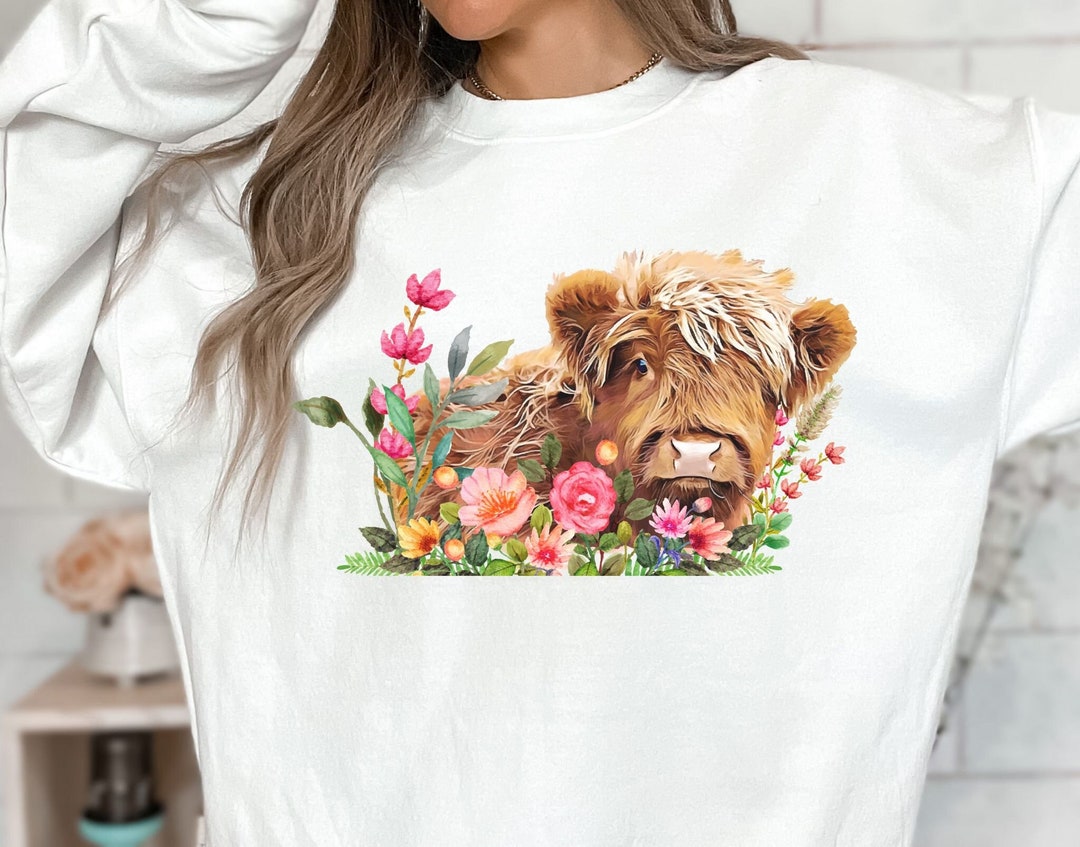Cow Crew Neck Sweatshirt, Cow Floral Sweatshirt, Highlander Cow ...