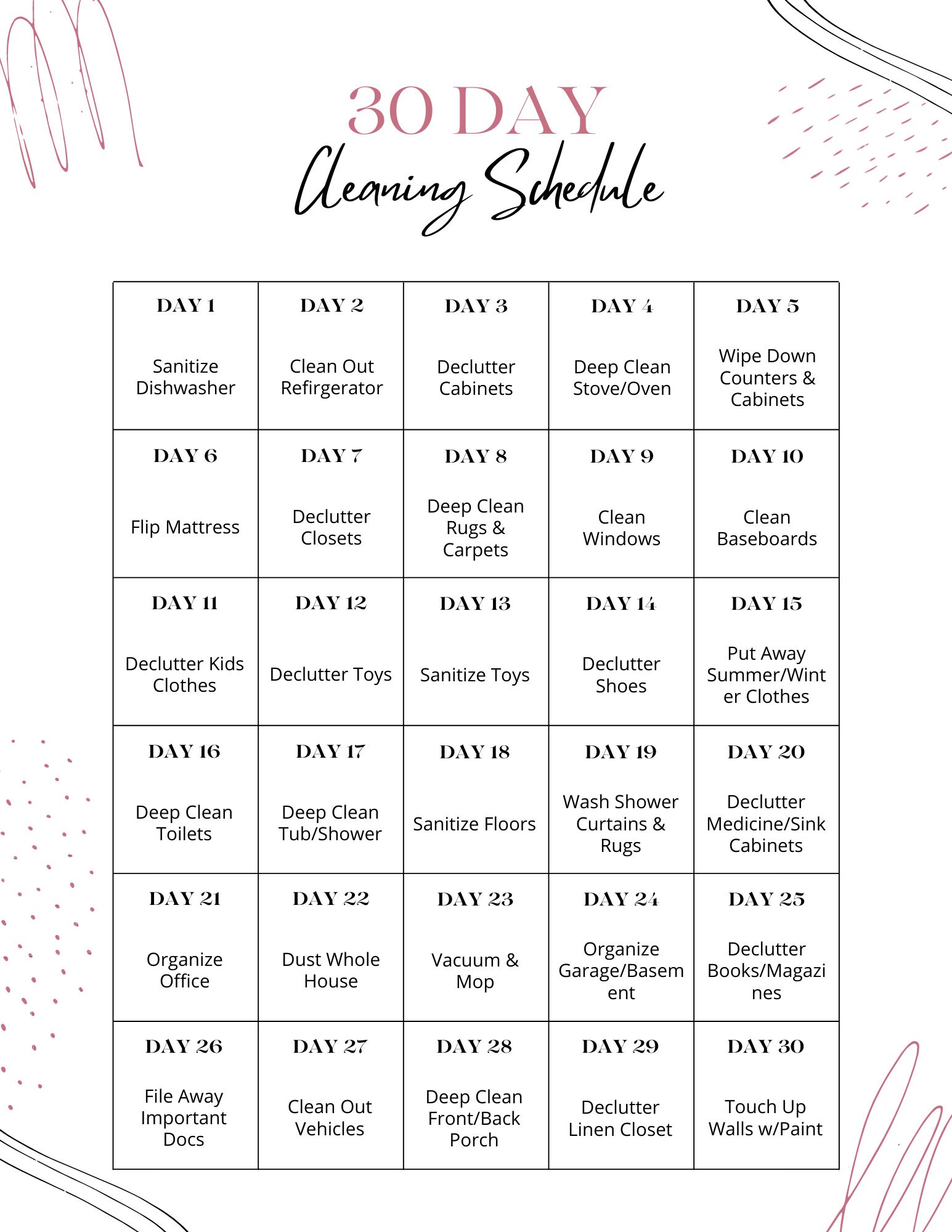 30 Day Deep Cleaning Schedule. PNG Only - Etsy