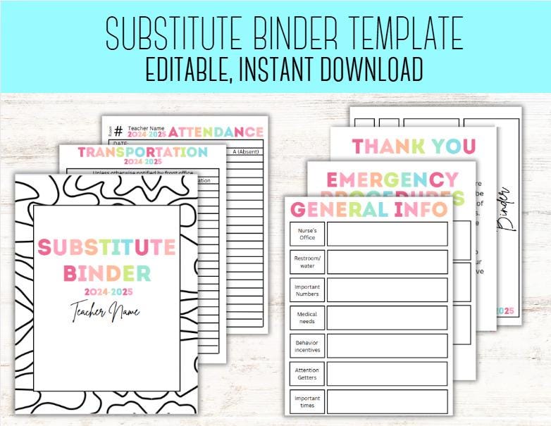 Substitute Binder Template, Emergency Sub Plans, Elementary Substitute ...
