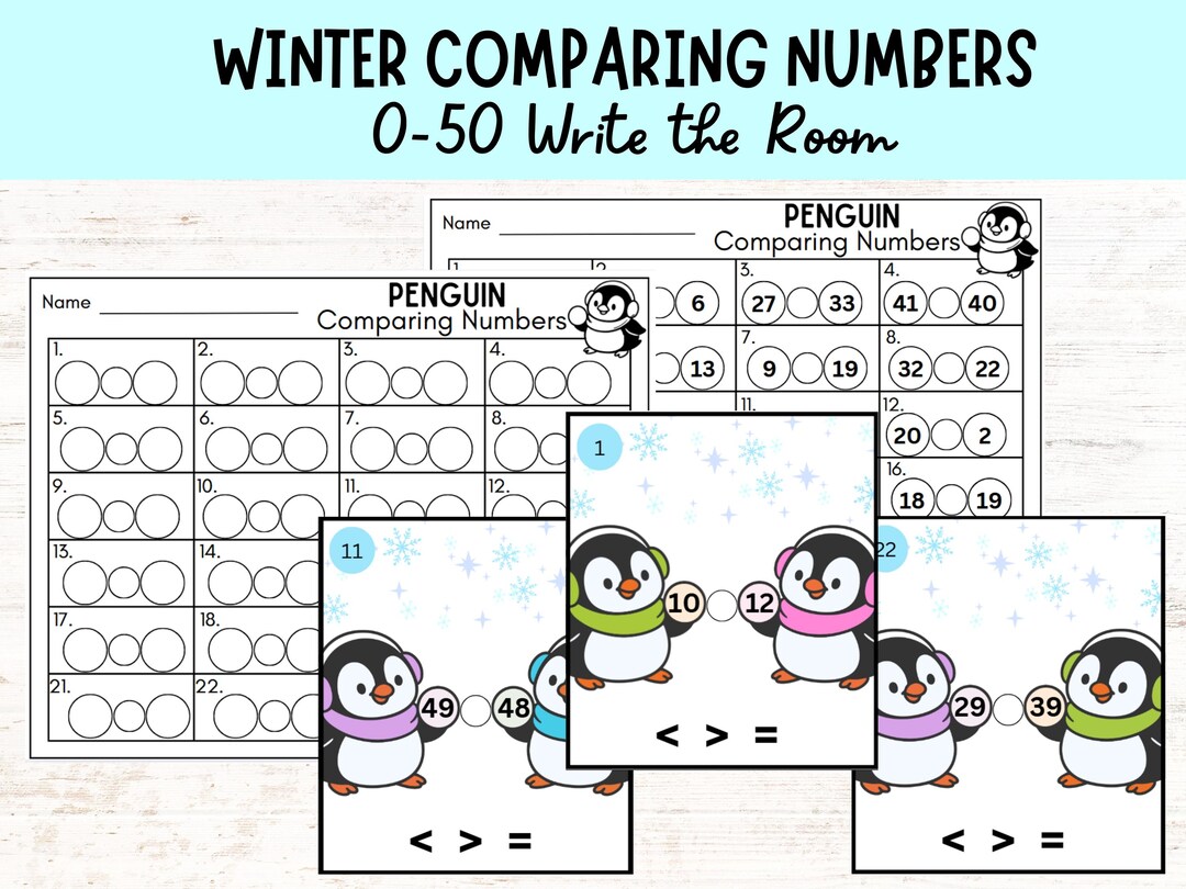 Winter Comparing Numbers Write the Room 0-50 Penguin First Grade Math ...