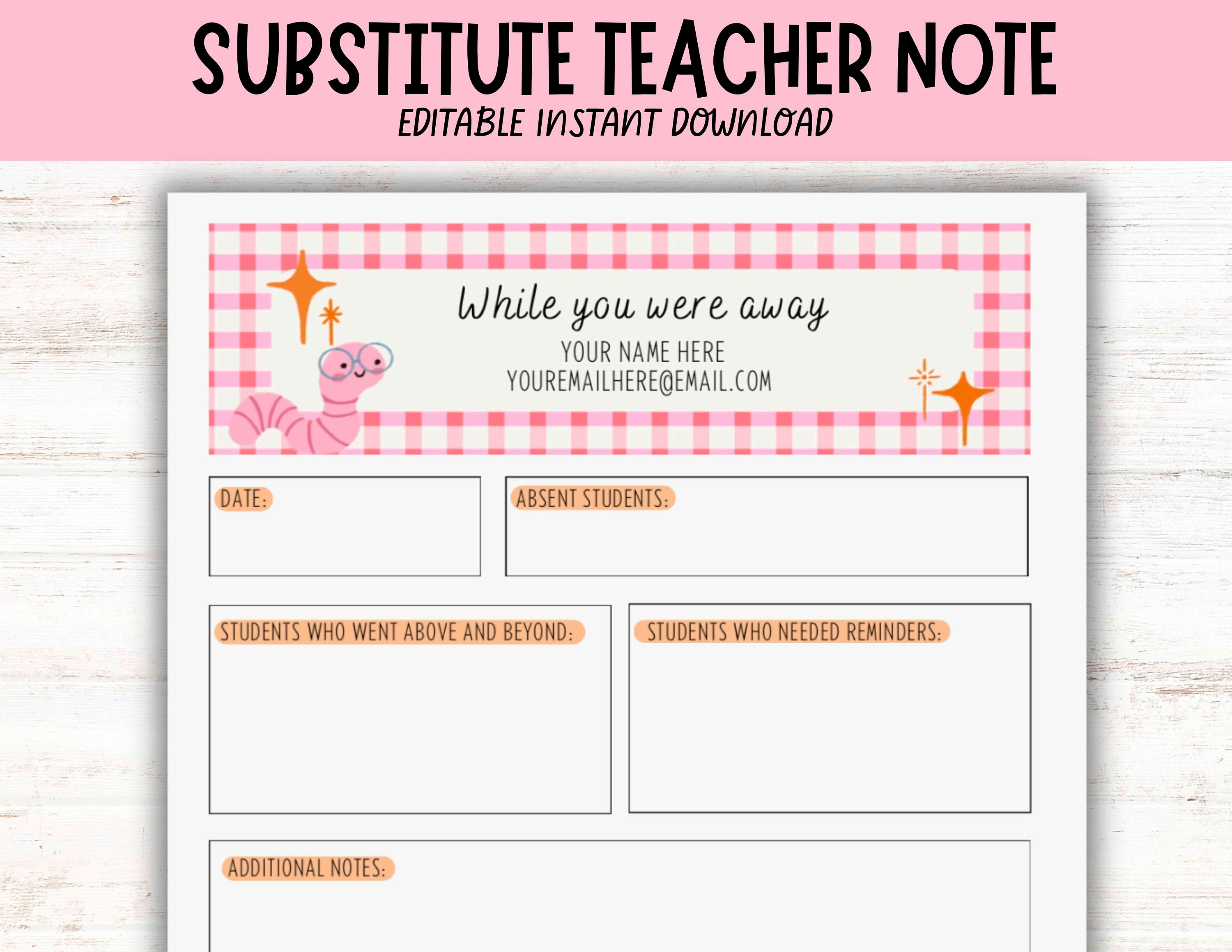 EDITABLE Substitute Teacher Note Template, While You Were Away Note ...
