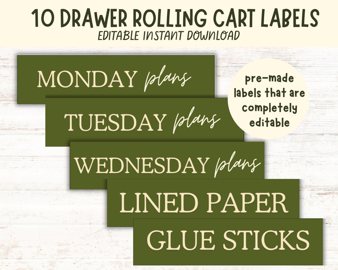 10 Drawer Rolling Cart Labels, Editable Classroom Labels, Simple ...