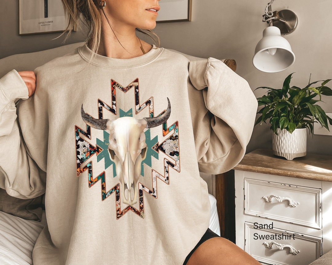 Boho Bull Skull Shirt, Women's Country Shirt, Wallen Sweatshirt, Cowboy ...