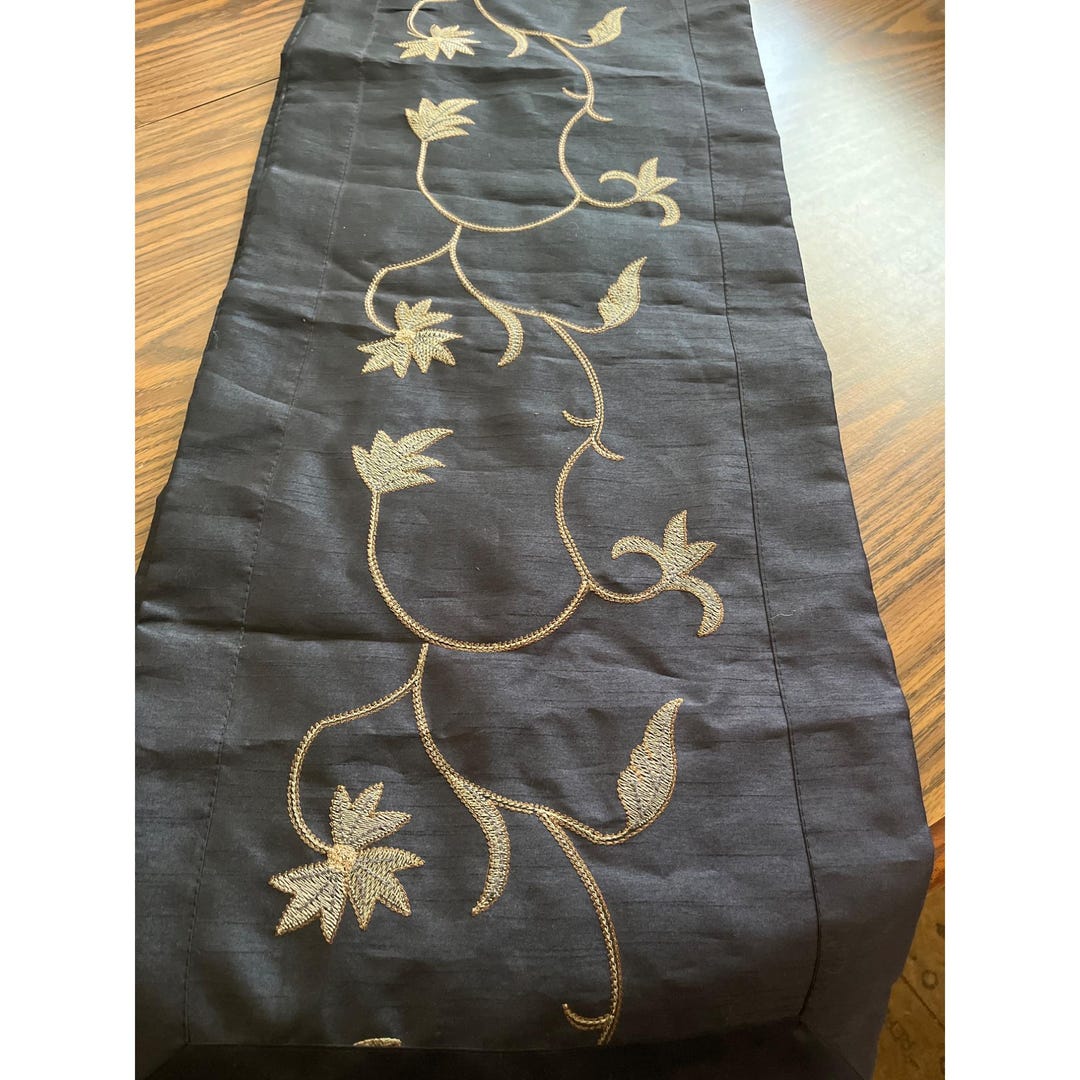 Black Table Runner With Tan Vines, Flowers and Leaves Stitched ...