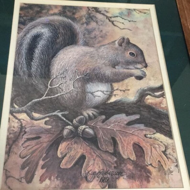 Signed Vintage Framed Print of Squirrel Eating Nuts W/leaves by Lee ...