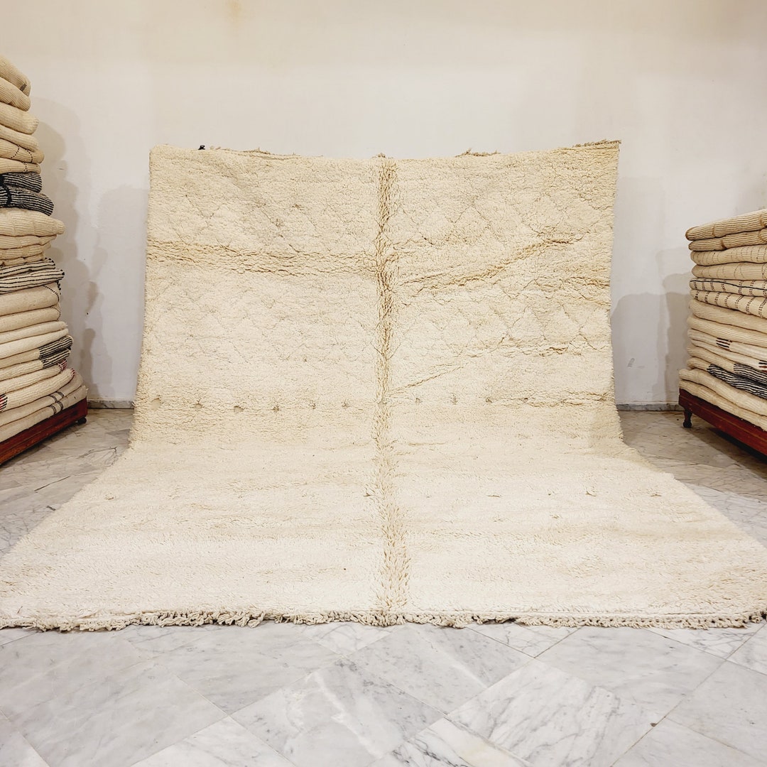 Moroccan Plain White Rug, Handmade Beni Ourain Style 9.7x13.5 Berber ...