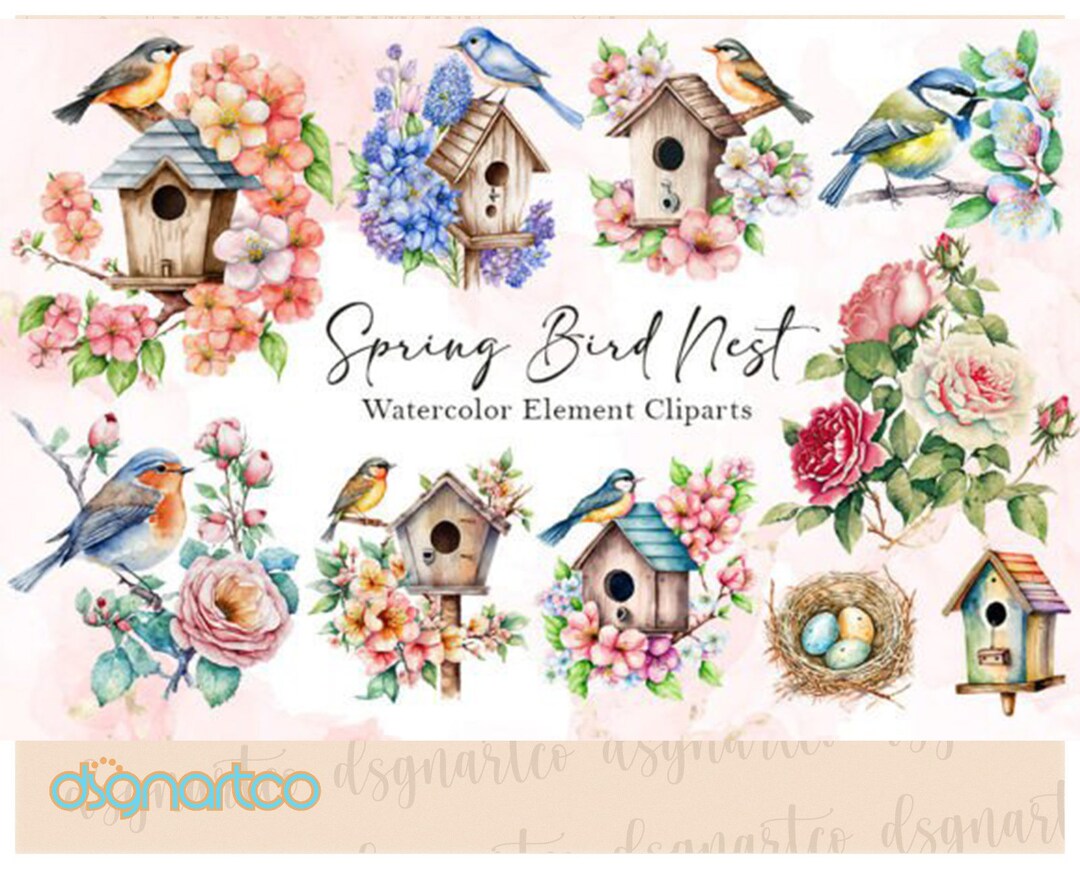 Watercolor Spring Bird Nest Cliparts, Digital Download, Svg Bundle, Png ...
