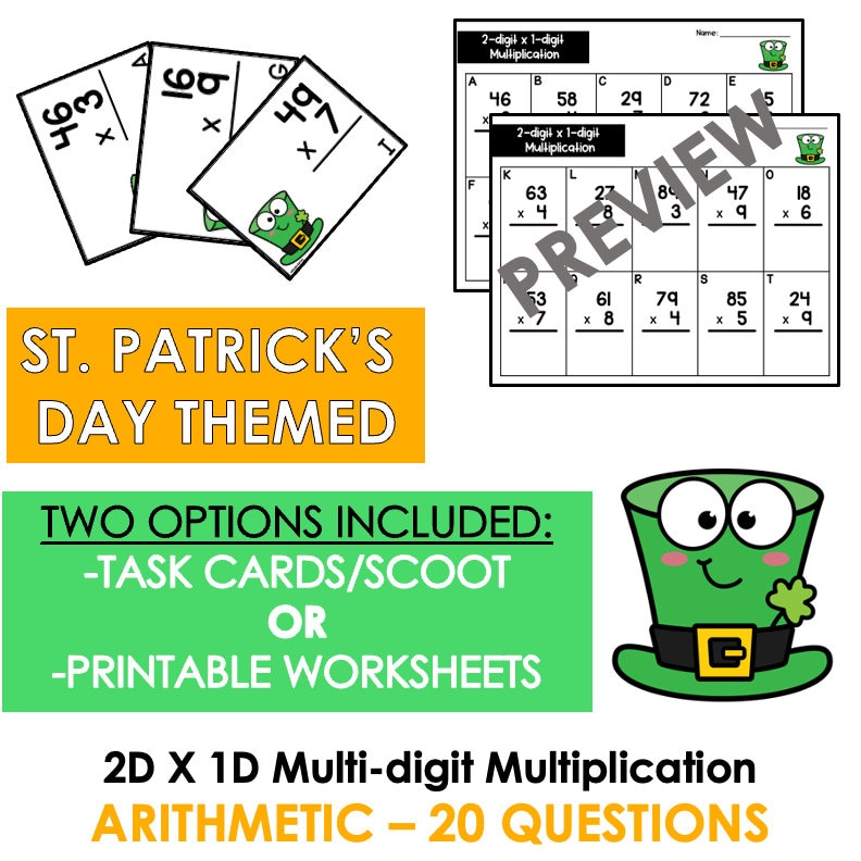 2-digit by 1-digit Multiplication Tasks Cards Worksheets ST. PATRICK'S ...
