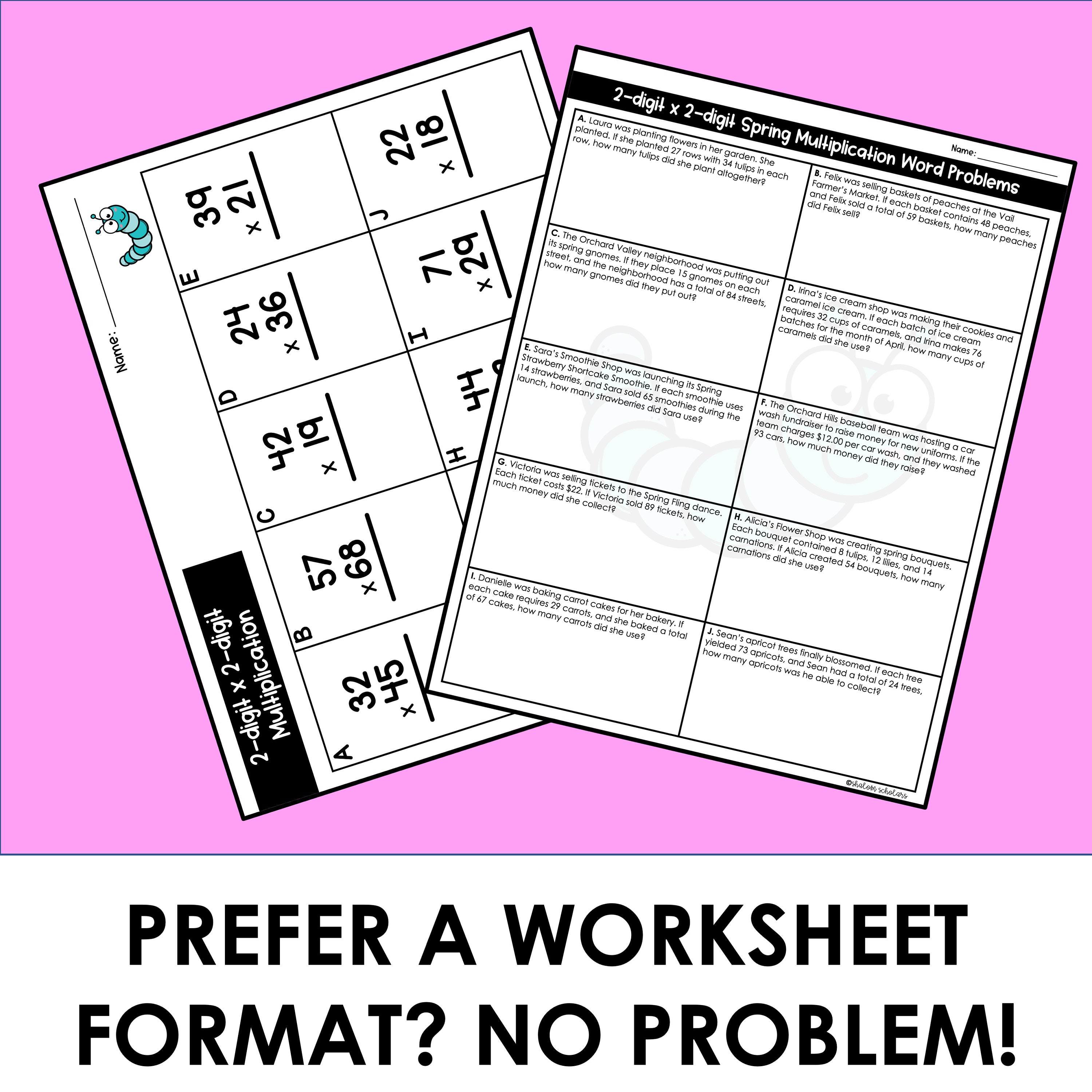 SPRING 2 Digit by 2 Digit Multiplication Word Problems and Task Cards ...