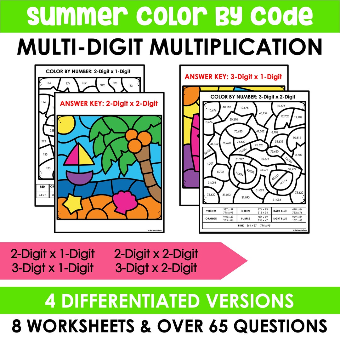SUMMER Multidigit Multiplication Color by Code Practice Activities - Etsy