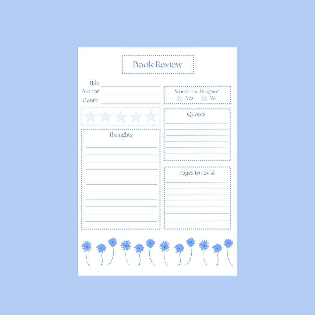 Book Review Template L Floral Book Review Printable L A4 A5 Letter Half ...