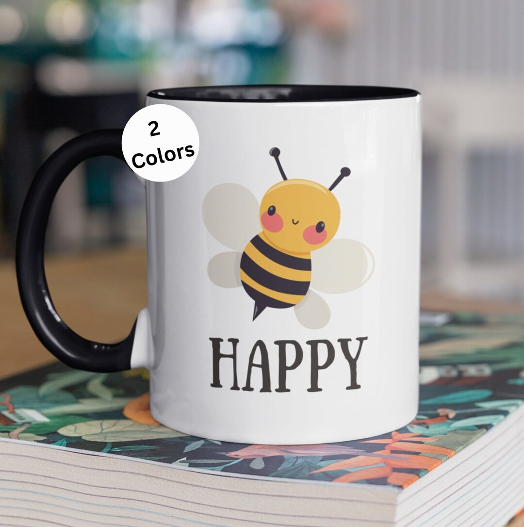 Bee Happy Graphic Inspirational Two-tone Coffee Mugs, 15oz Bee Happy ...