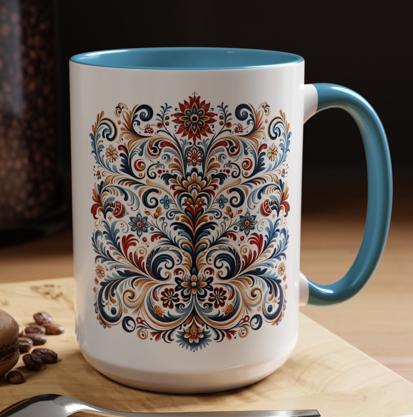 Scandinavian Rosemaling Design Accent Coffee Mug 15oz, Scandinavian ...