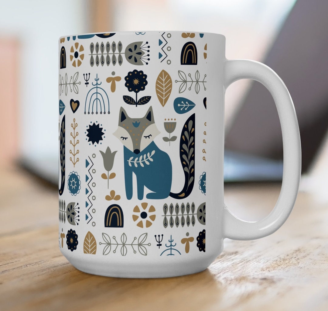 Scandinavian Design Fox Ceramic Mug, 15 Oz, Swedish Folk Art ...
