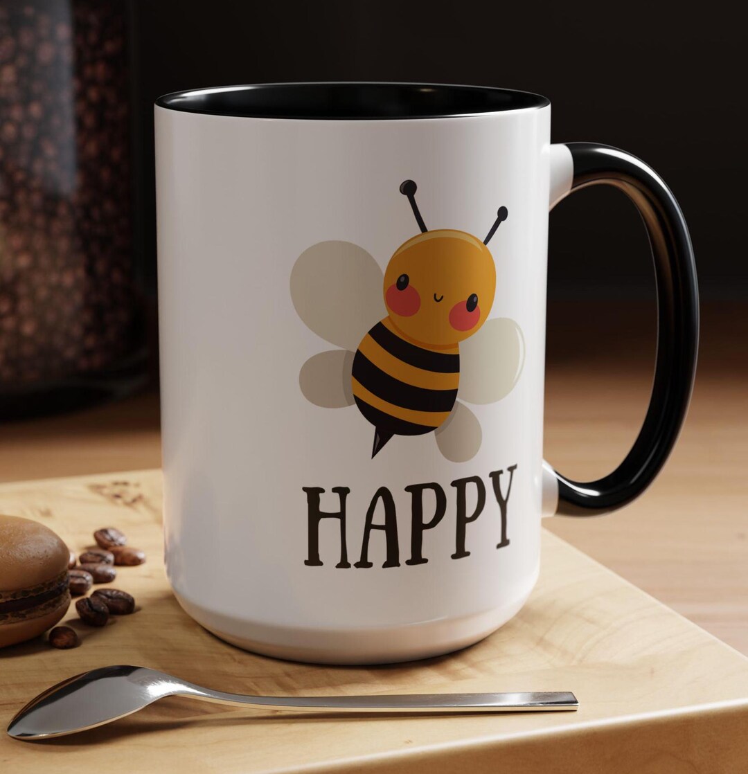 Bee Happy Graphic Inspirational Two-tone Coffee Mugs, 15oz, Bee Happy ...