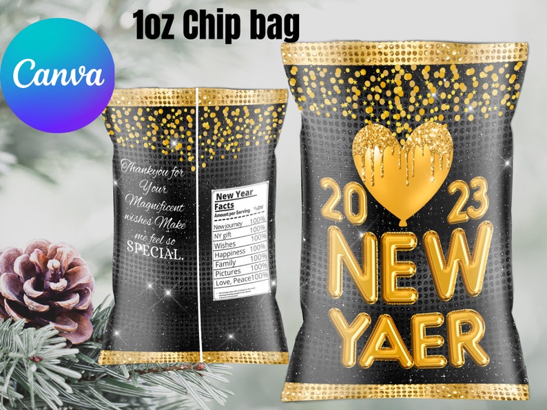 EDITABLE New Year Chip Bag Wrapper Template, Black & Gold Personalized ...