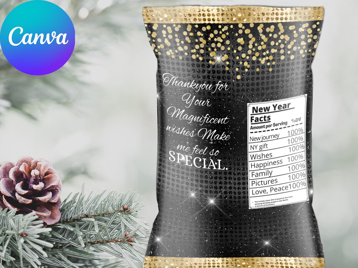 EDITABLE New Year Chip Bag Wrapper Template, Black & Gold Personalized ...
