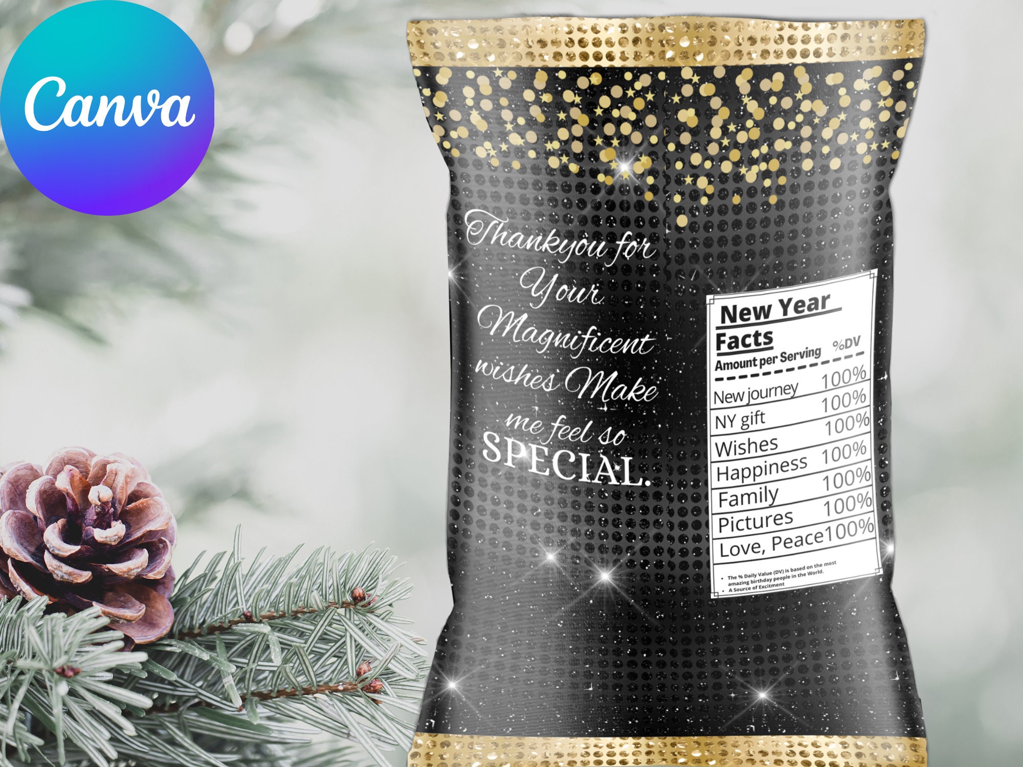 EDITABLE New Year Chip Bag Wrapper Template, Black & Gold Personalized ...