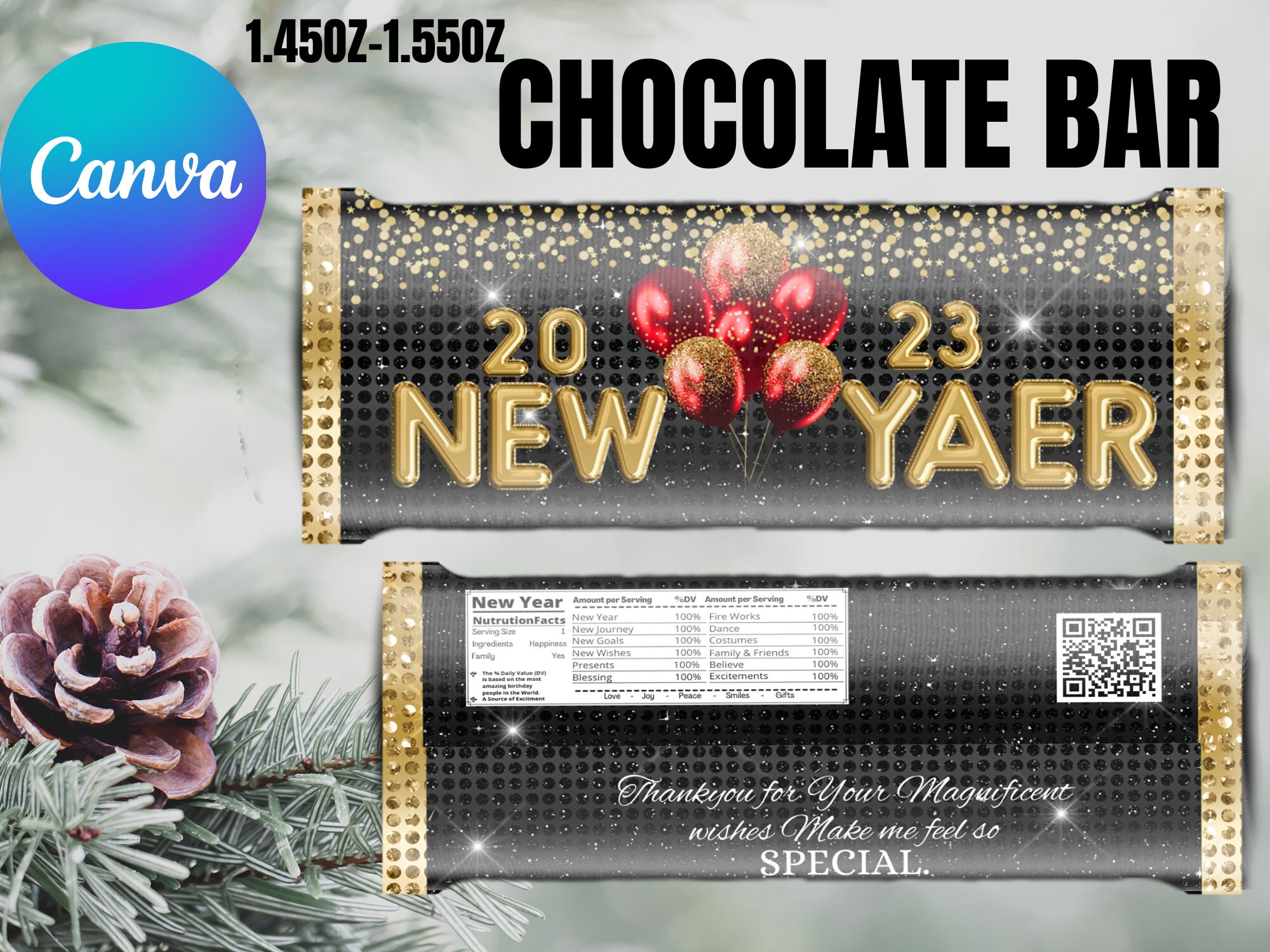 PRINTABLE Candy Bar Wrapper Templates, Happy New Year, 2023, Gold ...