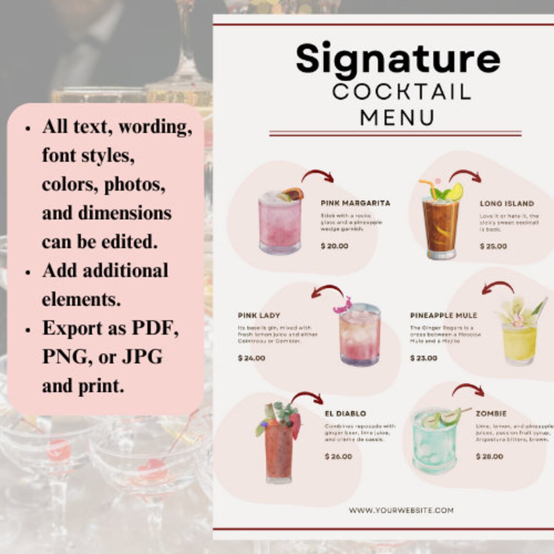 Bar Menu Template, Modern Editable Drink Menu Template, Bar Sign ...