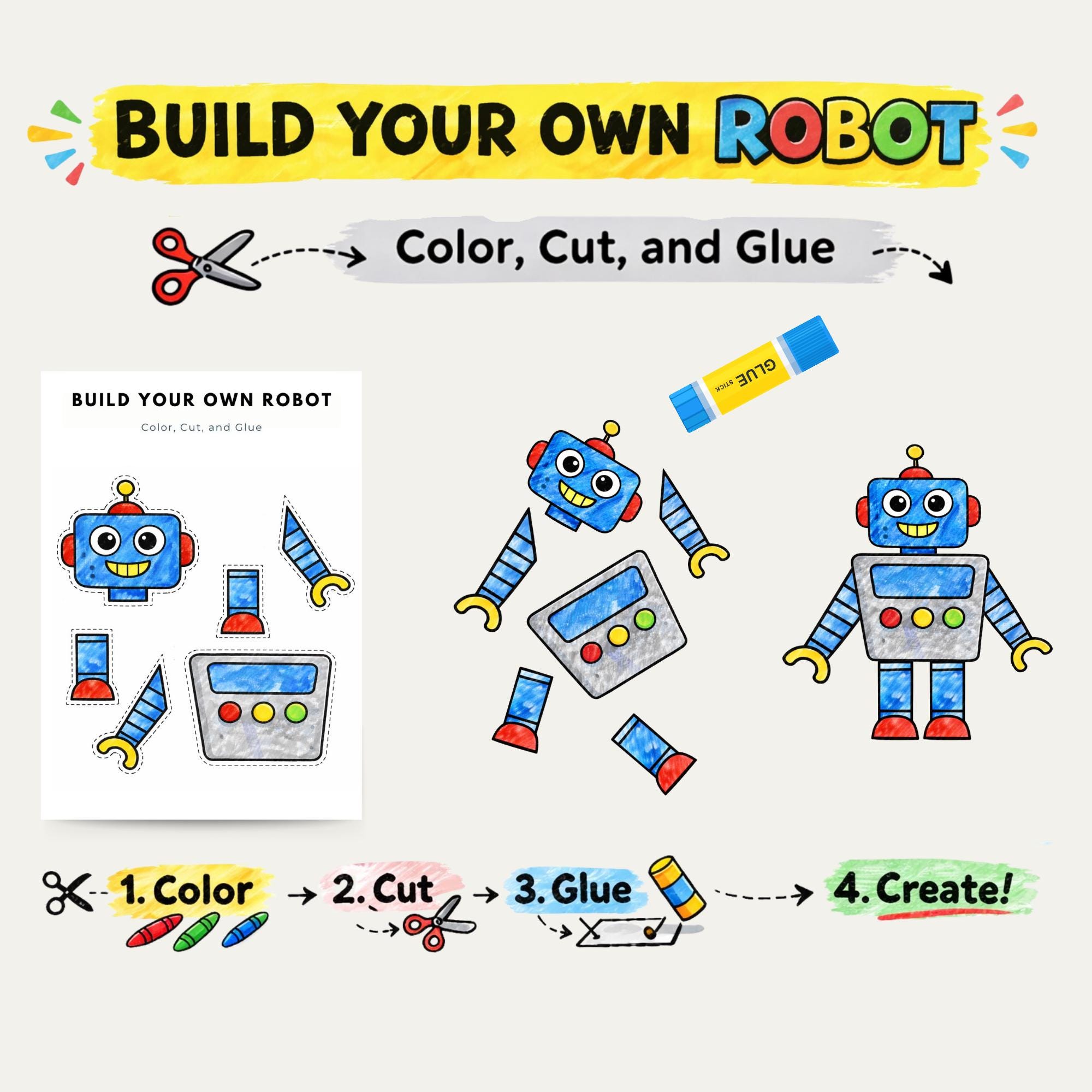 BUILD A ROBOT | Printable Robot Craft Template for Kids | Color, Cut ...