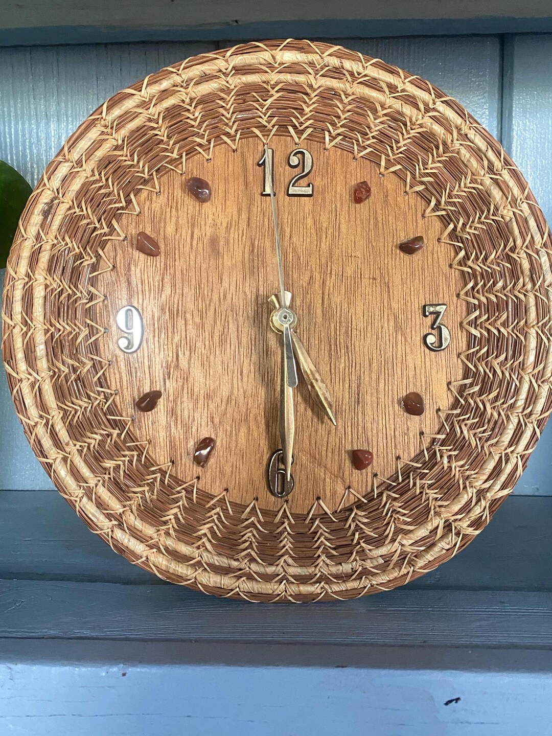 MCM Vintage Wood and Wicker Wall Clock With Gold Tone Metal Hands and ...